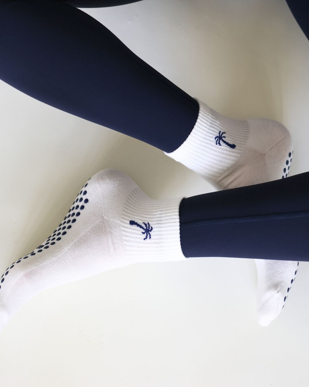 Short Crew Non Slip Grip Socks in White & Navy | California Grip Socks